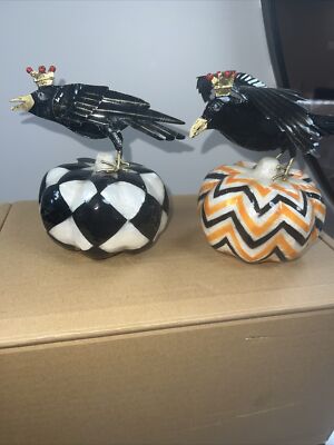 NIB MacKenzie-Childs Set of 2 CROWNED CROW PUMPKINS Crows Sit on Pumpkins | eBay