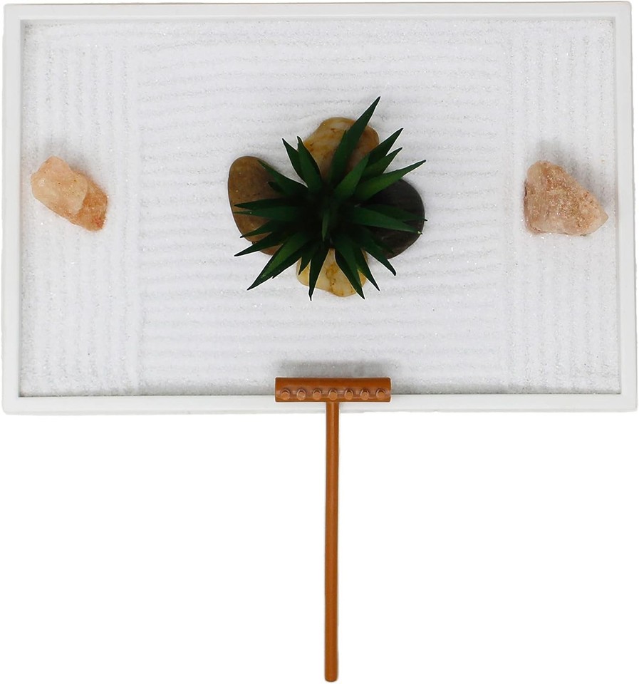 Nature's Mark Mini Zen Garden Kit for Desk with White Sand, Rake, White ...