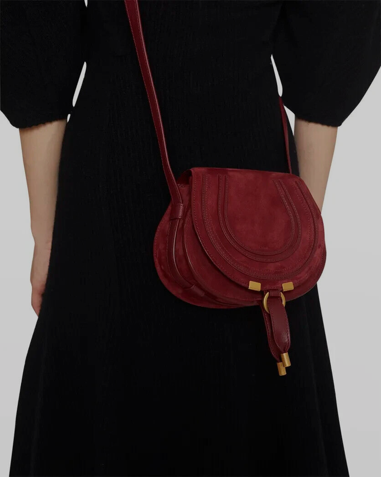 New CHLOE Marcie Cross-body Shoulder bag,SPAIN,Wine Dark Ruby Suede ...