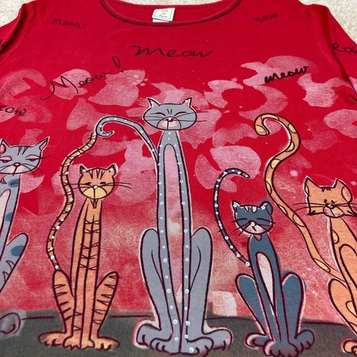 Jess & Jane Meow Meow Top T-Shirt Cat Rhinestone 3/4 Sleeve Womens M ...