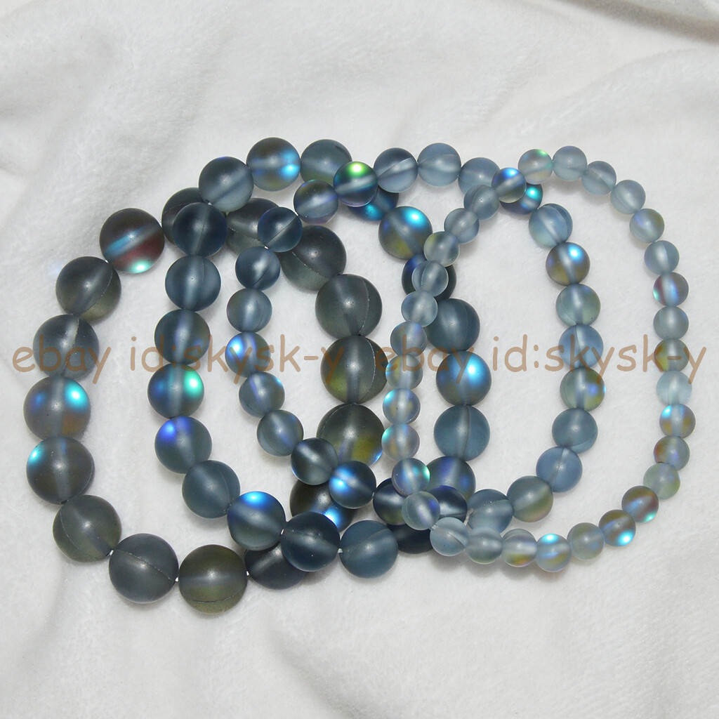 10mm Natural Gray Gleamy Rainbow Moonstone Round Gems Beads Bracelets ...