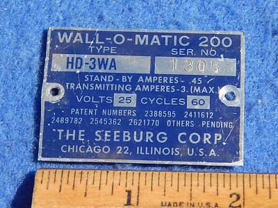 Seeburg HD3WA wall box Serial Number Tag for # 1305 | eBay