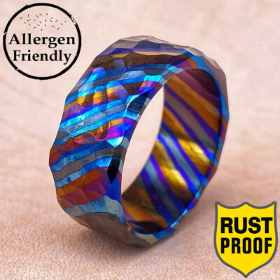 Customized Flat Hammered Timascus Titanium Handmade Engagement Ring ...