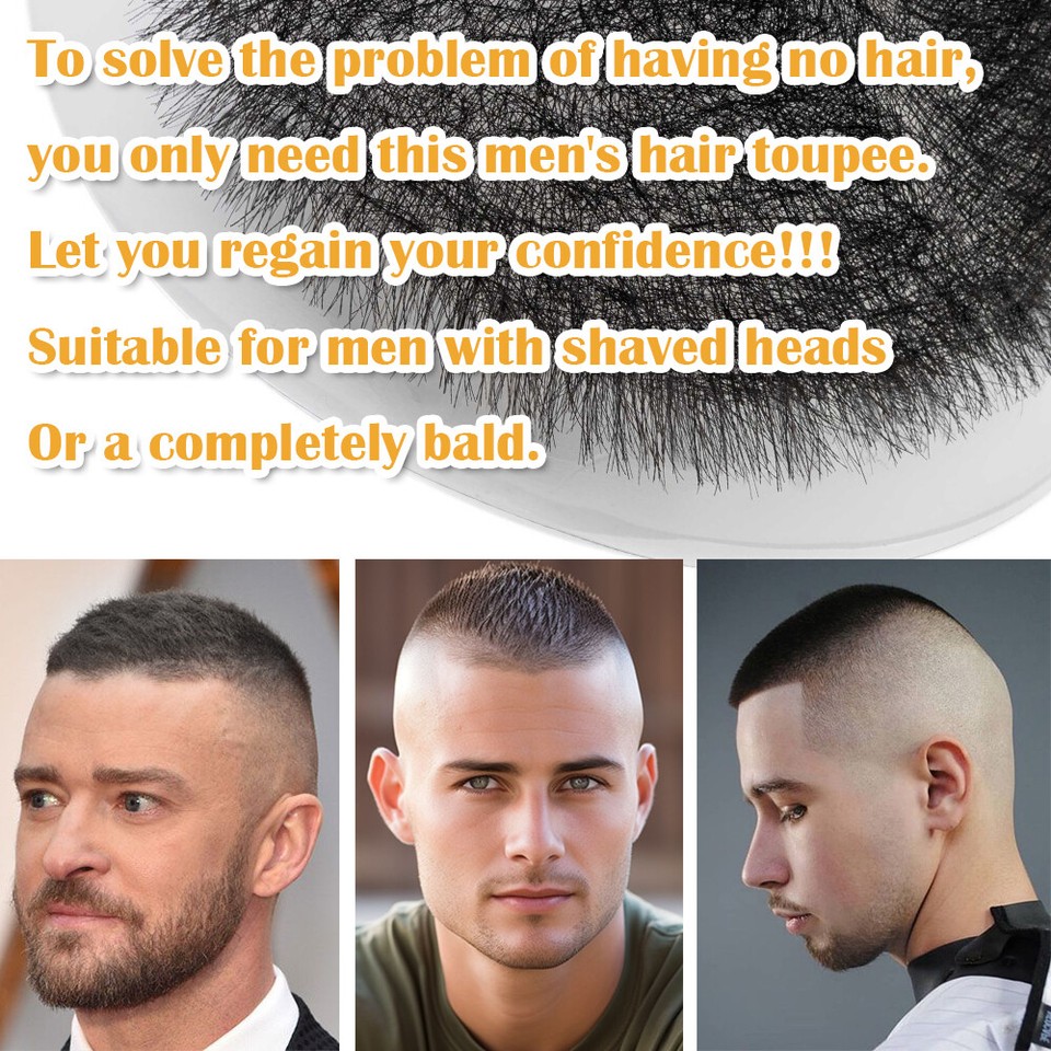 100% REMY Human Hair Toupee for Men Buzz Cut Thin Skin PU Replacemen ...