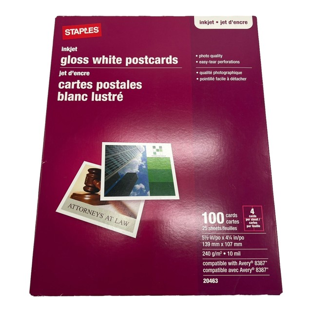 Staples Inkjet Postcards 5½" X 4¼" 100 Cards Gloss White Glossy for ...
