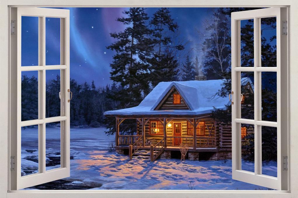 Winter Cabin 3D Window View Decal WALL STICKER Decor Art Mural Nature ...