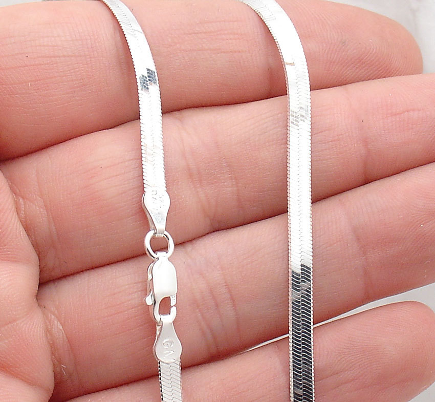16" Reversible Textured Shiny Herringbone Chain Necklace Solid Sterling ...