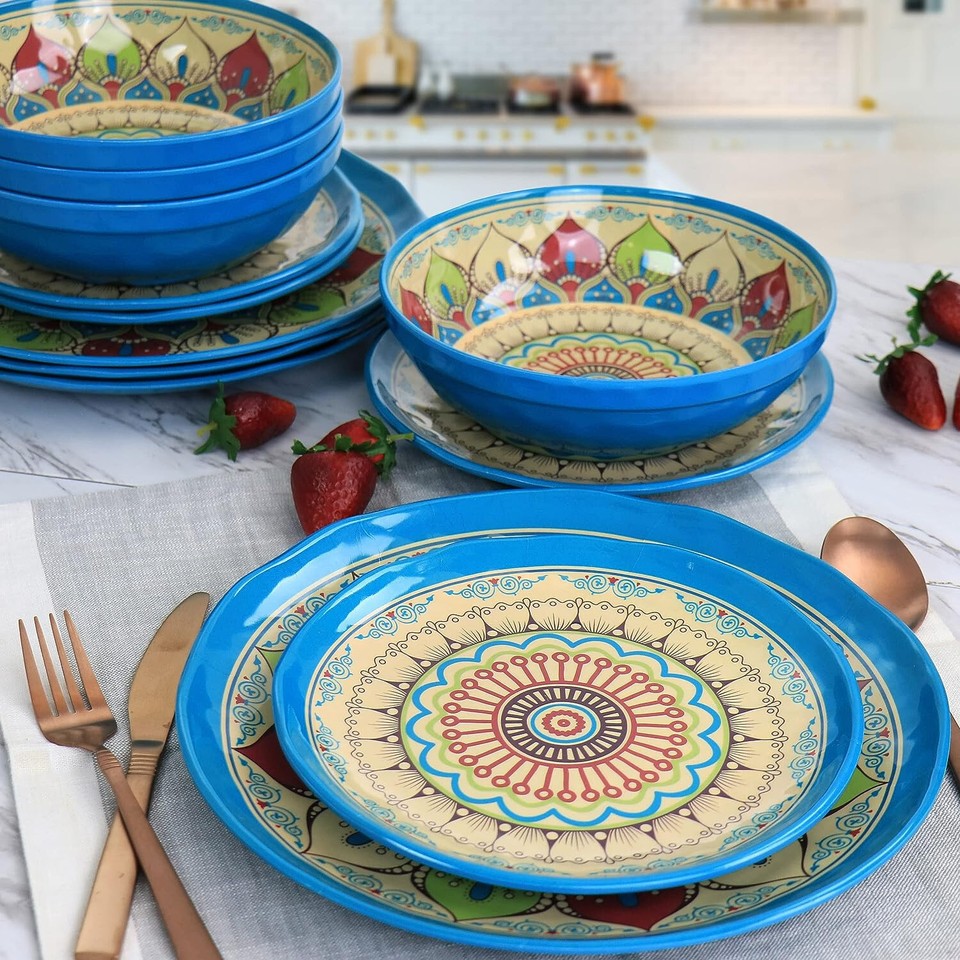 Elama Camilla 12 Piece Multicolor Mandala Pattern Melamine Dinnerware ...