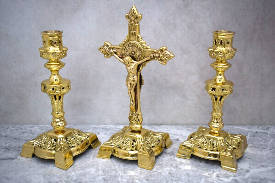 Lightly Used 3 Pc. Church Altar Set: Pair of Candlesticks w/ Altar ...