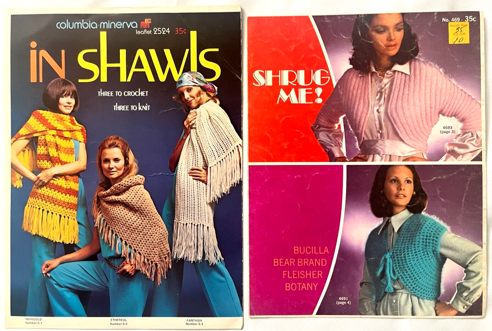 VTG 70s In Shawls & Shrug Me! Knitting & Crochet Pattern Books 10 ...