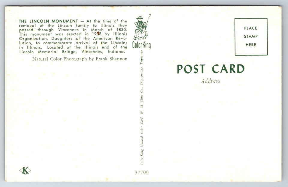 Vintage Postcard The Lincoln Monument Vincennes Indiana | eBay