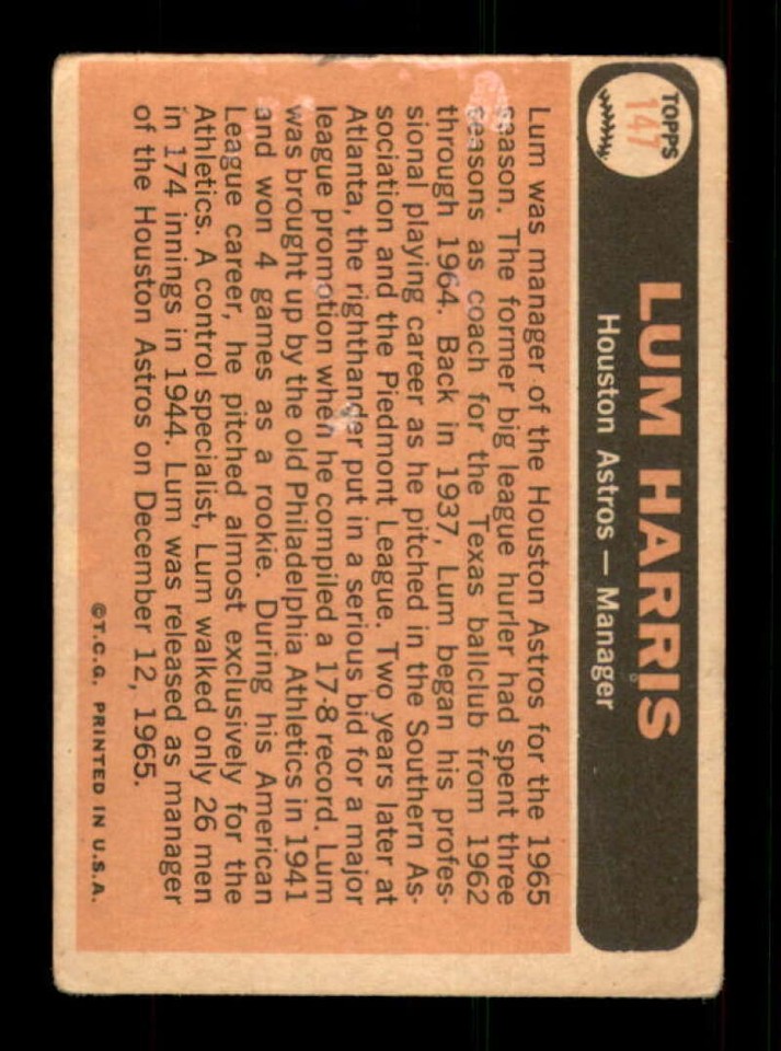 1966 Topps #147 Lum Harris G Astros MG 541526 | eBay