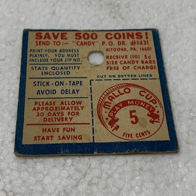 Vintage "Mallo Cup Play Money" Pkg 5 cents Insert Card-For Candy Bars ...