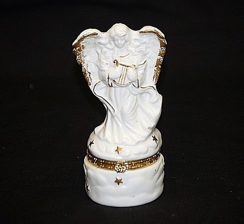 Vintage Angel Cherub w Harp Figurine Coin Ring Trinket Keepsake Box w ...