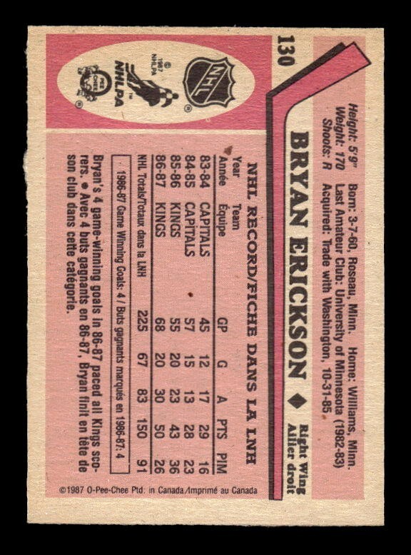 BRYAN ERICKSON SIGNED 1987-88 O-PEE-CHEE #130 LOS ANGELES KINGS ON-CARD ...