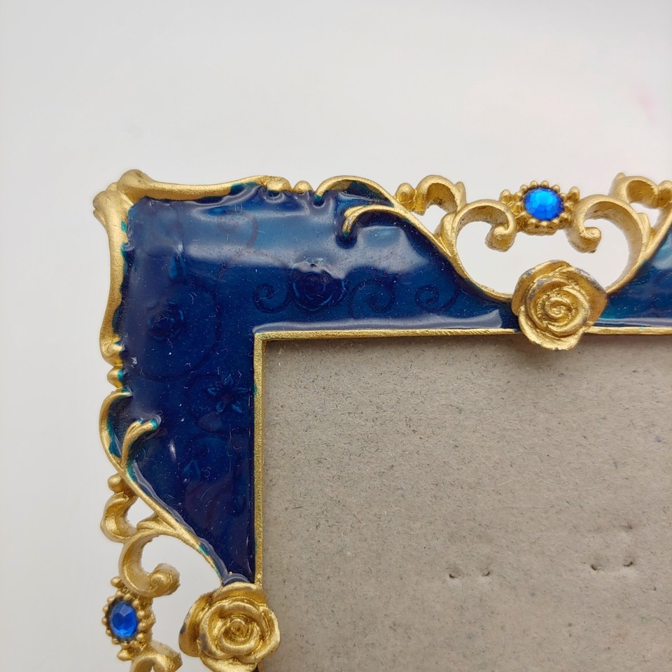 Ornate Enamel & Rhinestone Photo Picture Frame, 3x3 Blue Gold Rose ...