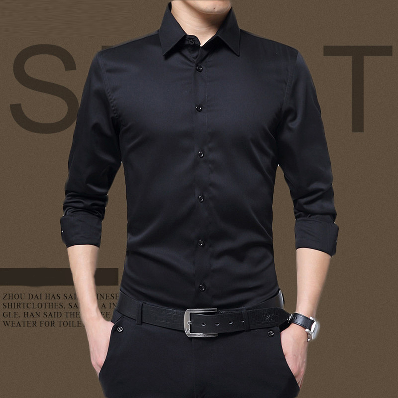 Men Shirt Fit Wash-and-wear Solid Color Formal Business Shirt Smooth | eBay