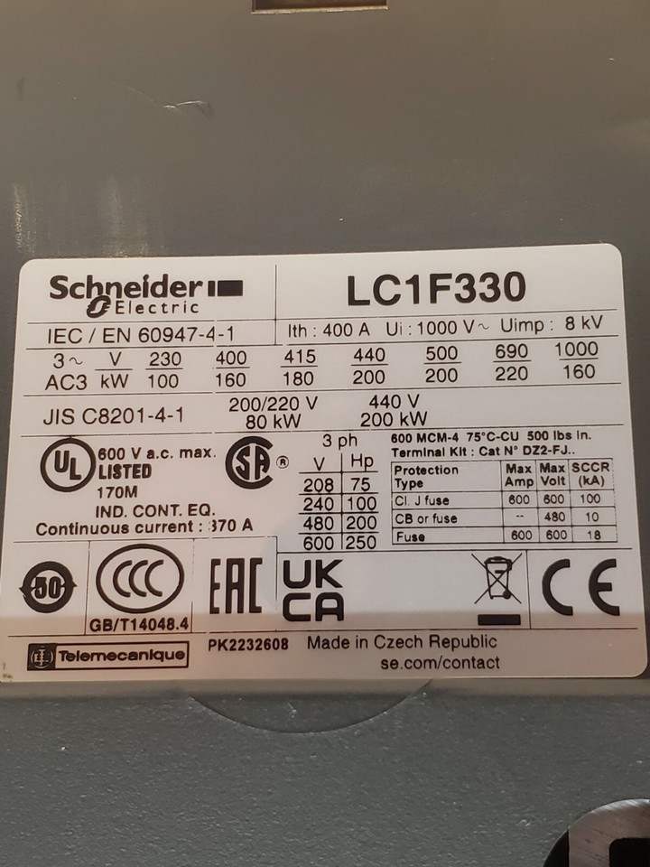 Schneider Electric LC1F330 Contactor rated 200HP @ 480VAC w/ 277VAC ...