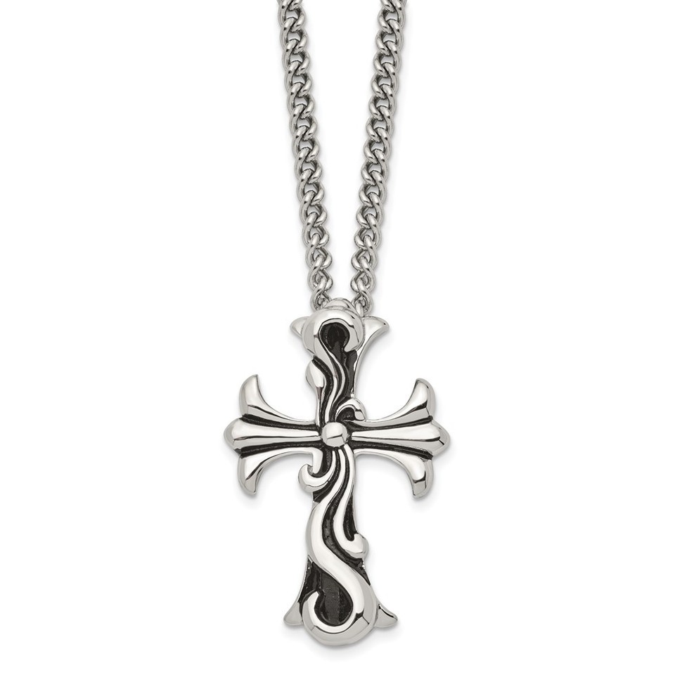 Stainless Steel Antiqued Polished & Textured Scroll Cross 22in Necklace ...