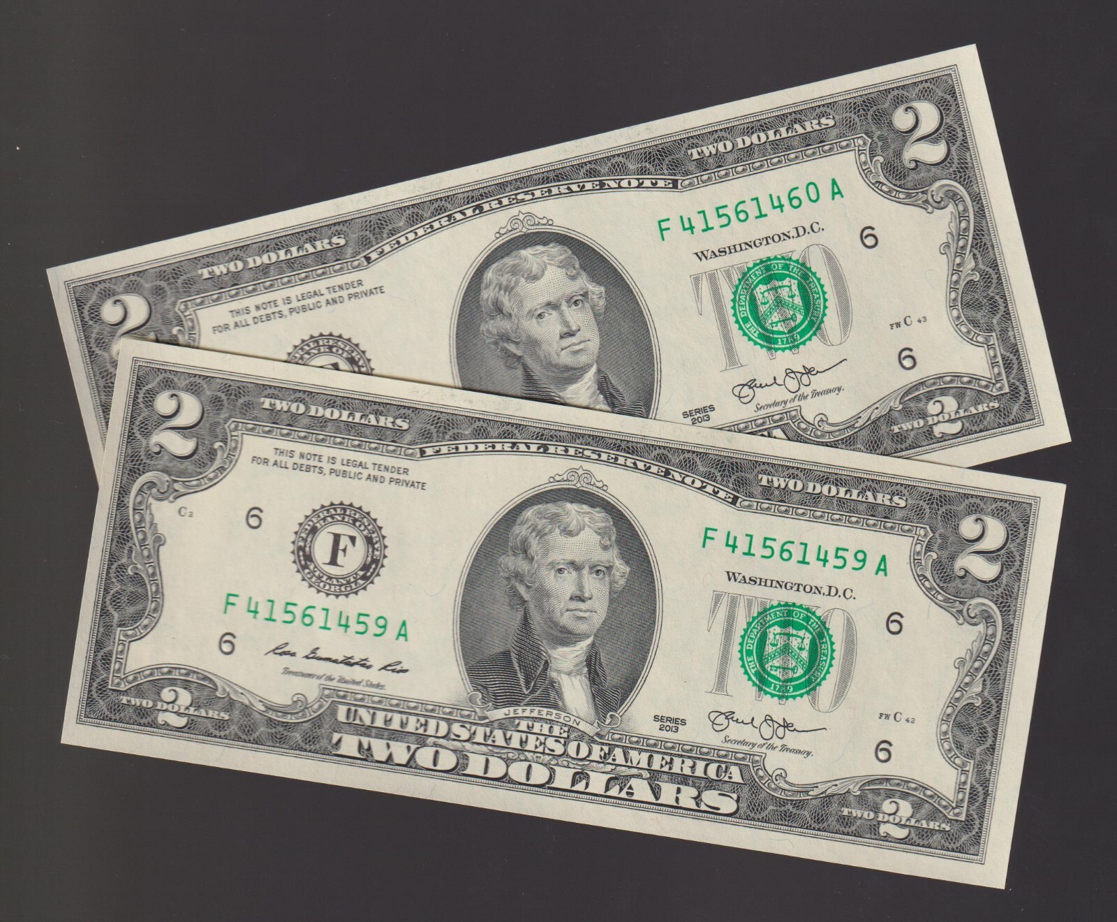 2013 $2 Dollar Bills USA Currency Atlanta Georgia Federal Reserve Notes ...