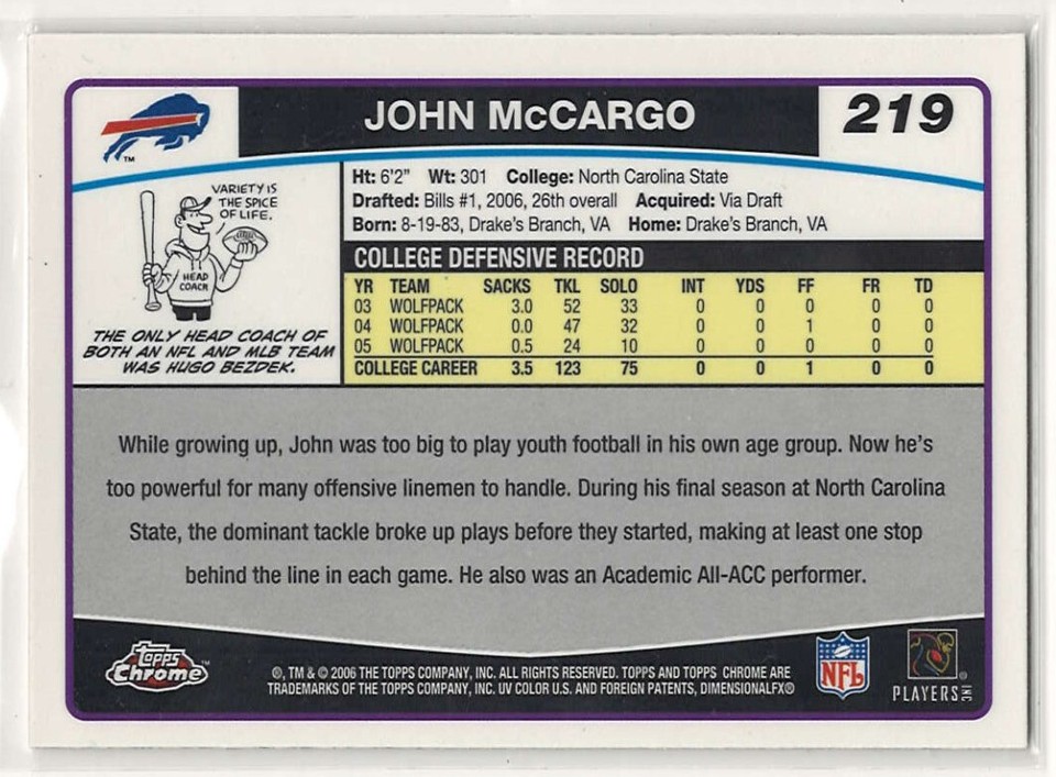 2006 Topps Chrome Special Edition RC Football #219 John McCargo Buffalo ...