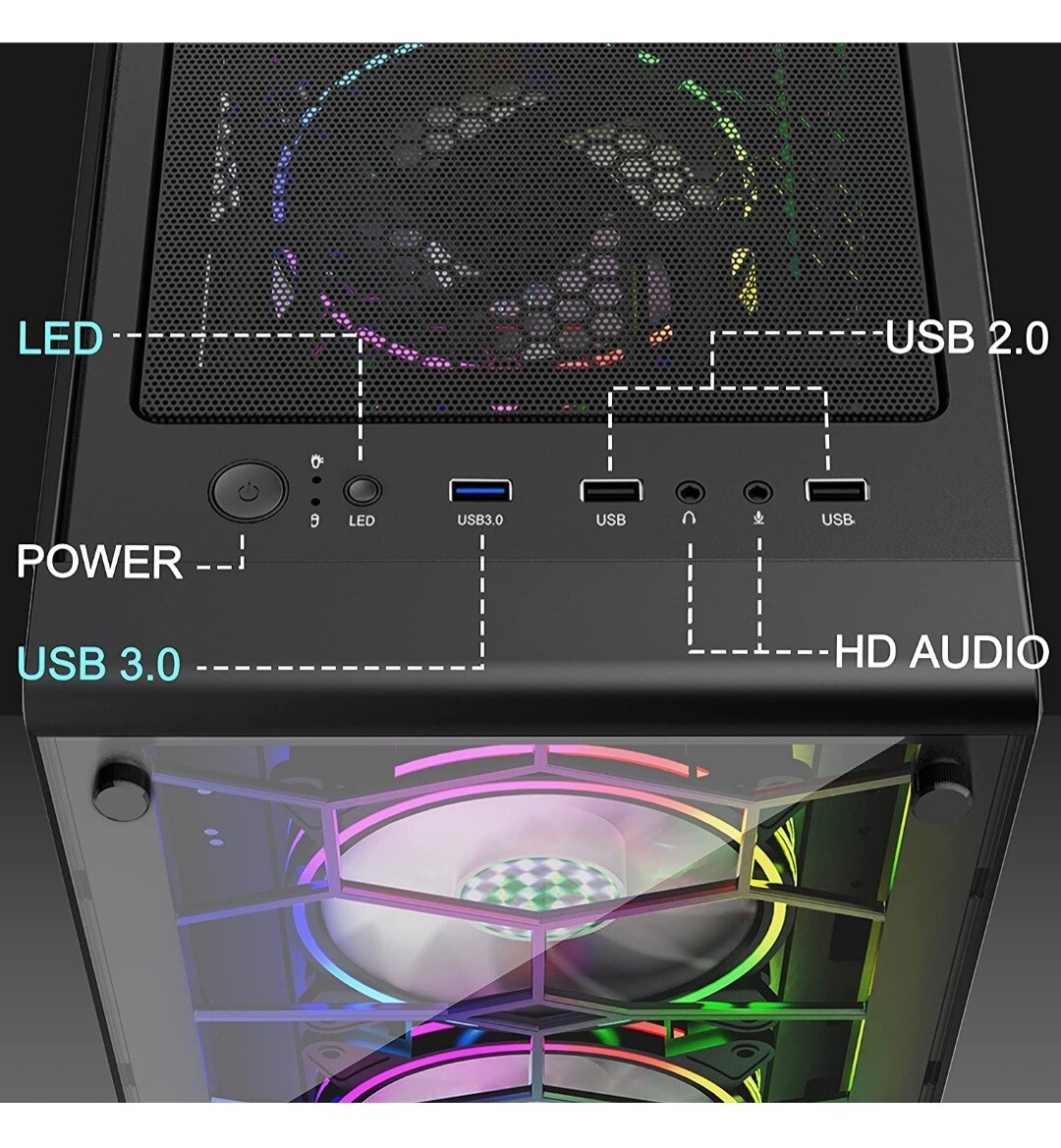 MUSETEX 6 RGB LED Dual Fans 2 Translucent Tempered Glass Panel USB 3.0 ...