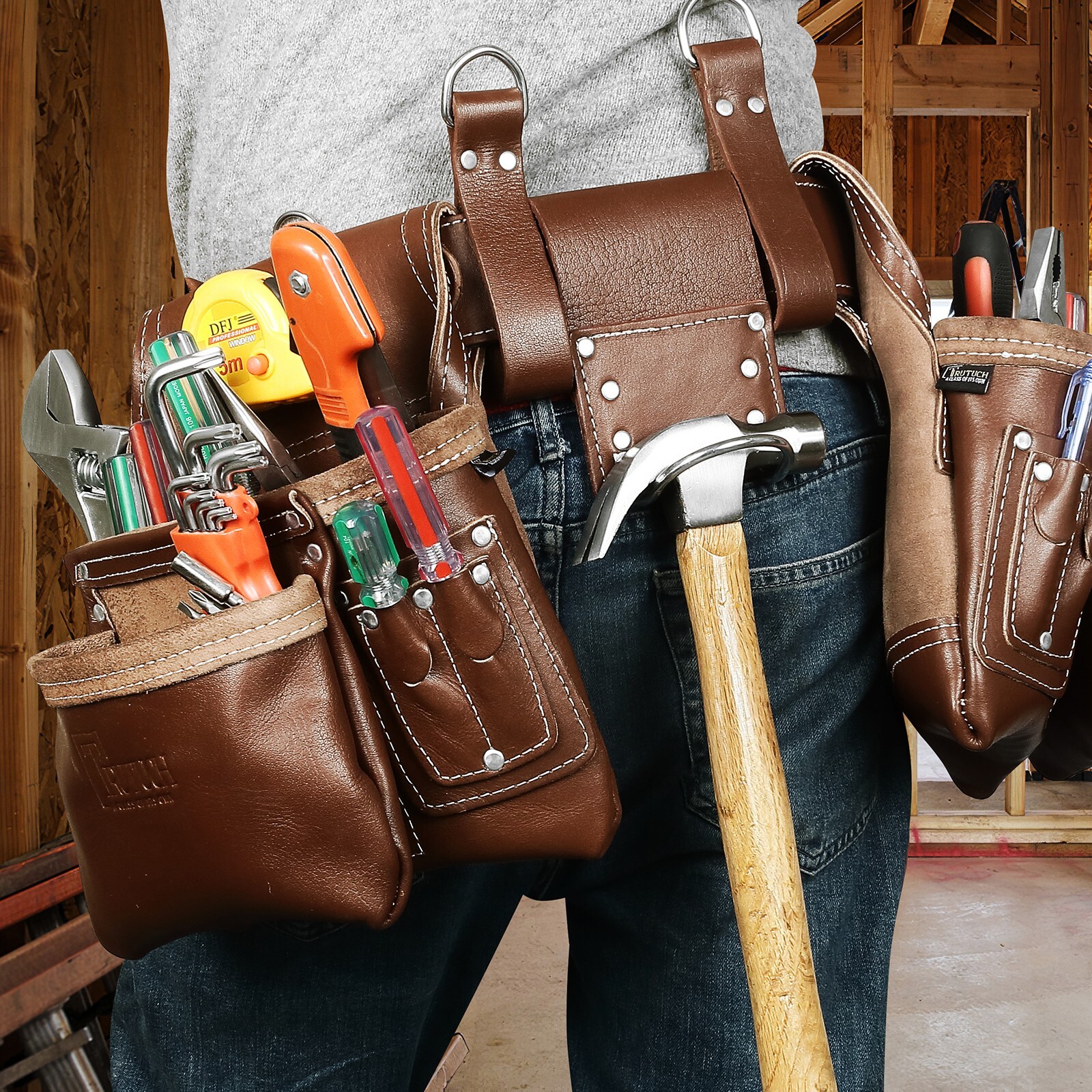 Trutuch Brown Leather Tool Belt with Black Suspender | Framers Tool Bag ...