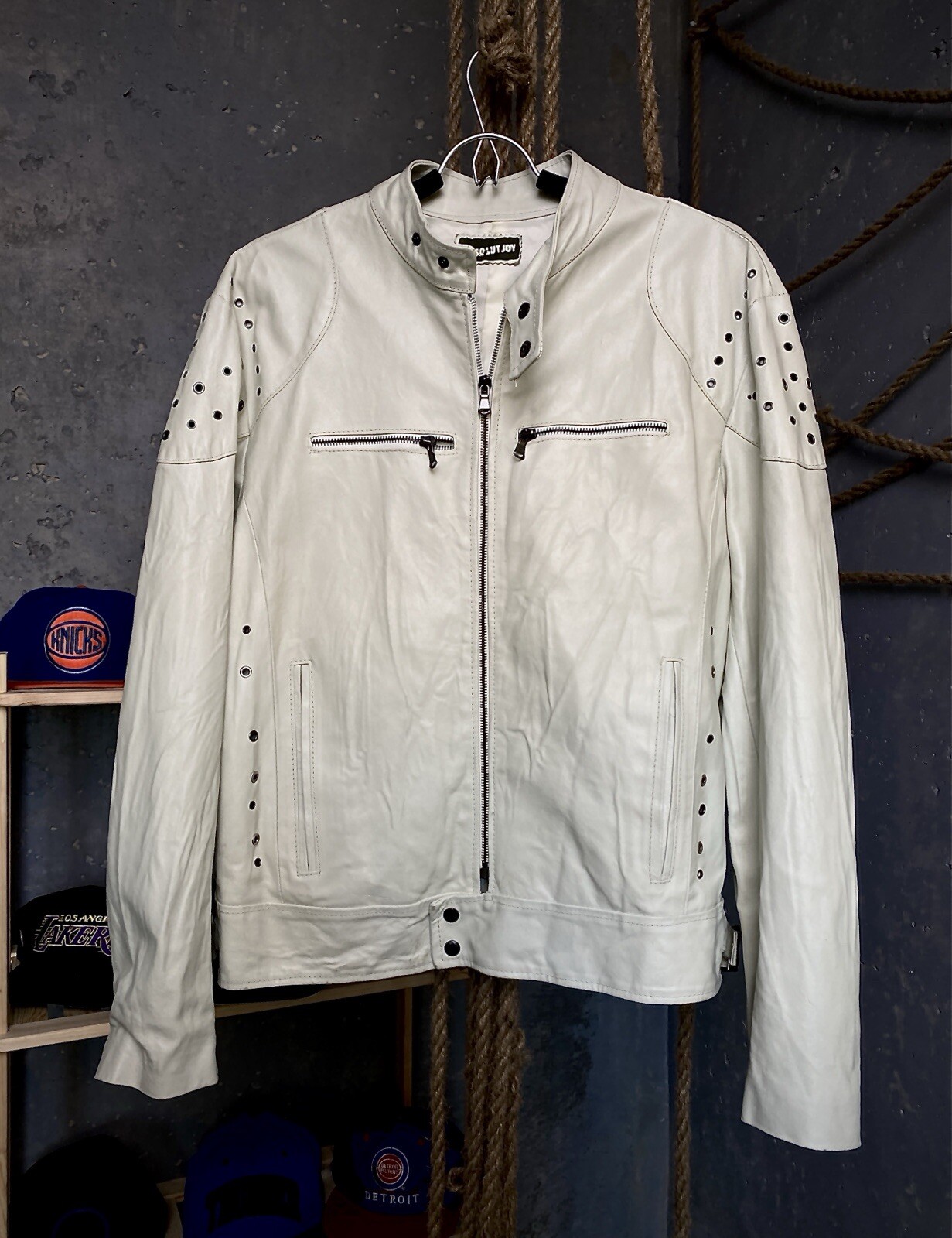 Absolut Joy Biker Vintage Leather White Jacket Men Si… - Gem