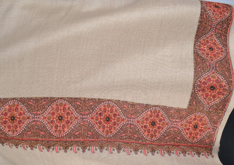 Unique Large BEIGE SHAWL. Intricate Embroidery Daur Border. Soft 100% ...