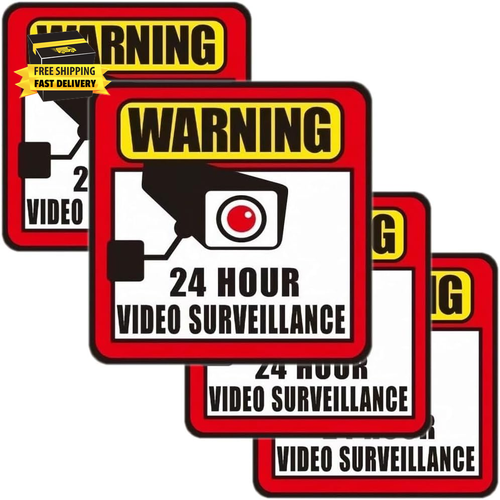 Video Surveillance Sign Sticker- 4 X 4 Inch 24 Hour Security Camera ...