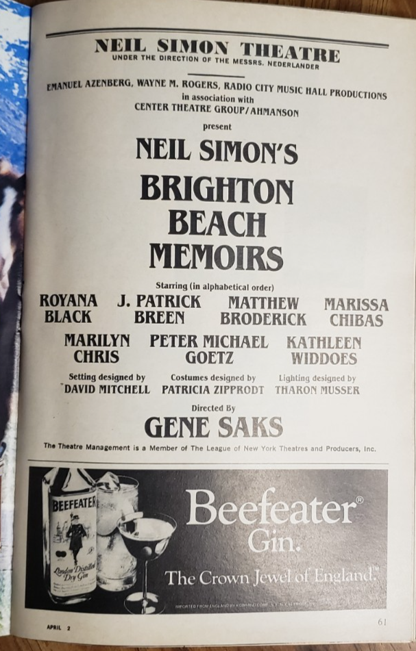 Playbill Apr 1984 BRIGHTON BEACH MEMOIRS Broadway Musical Neil Simon ...