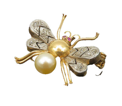 14K GOLD Vintage Antique Genuine Diamonds & Pearl Bee Brooch Pin GB022 ...