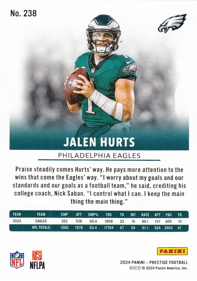 2024 Panini Prestige Parallel Xtra Points Hyper JALEN HURTS #238 Eagles ...
