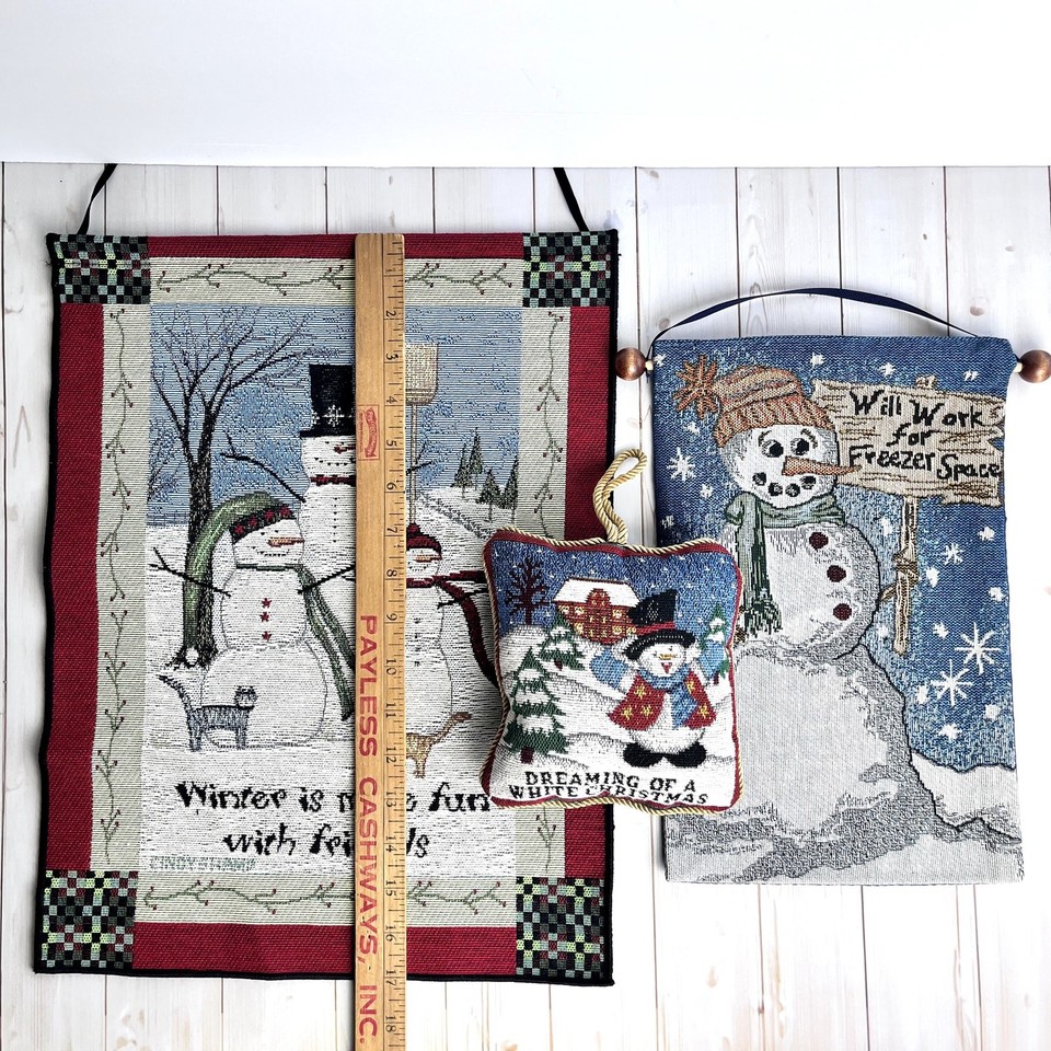 Vintage Tapestry Snowman Winter Tapestry Wall Hanging Mini Pillow Lot ...