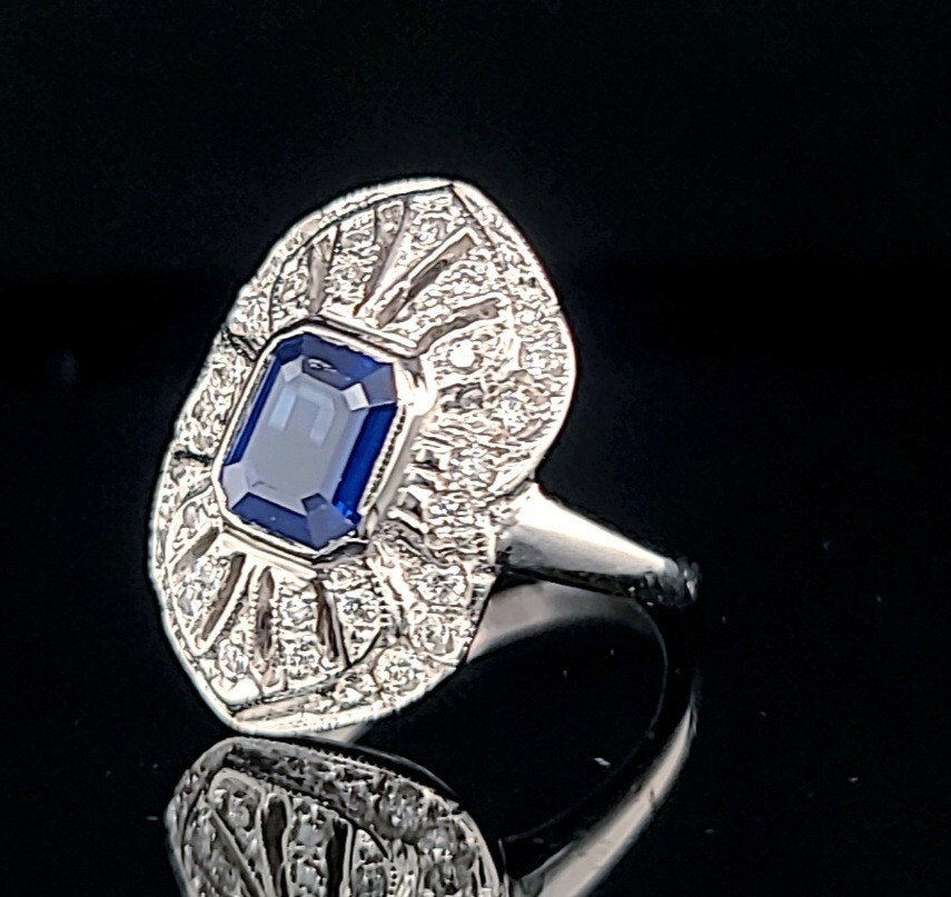 Vintage 14k White Gold Ring 1.57CT. Natural Blue Sapphire Emerald Cut Circ 1950' | eBay