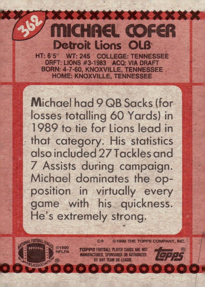 1990 Topps #362a Michael Cofer - Detroit Lions | eBay