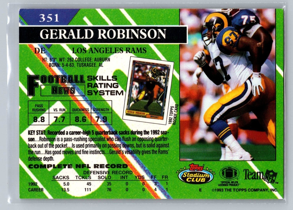 1993 TOPPS STADIUM CLUB CARD # 351 Gerald Robinson - Los Angeles Rams ...
