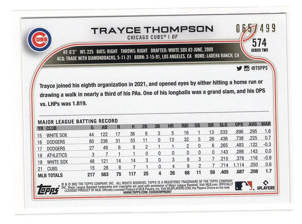 Baseball Card - 2022 Trayce Thompson 574 Green Ice - Chicago Cubs Topps ...