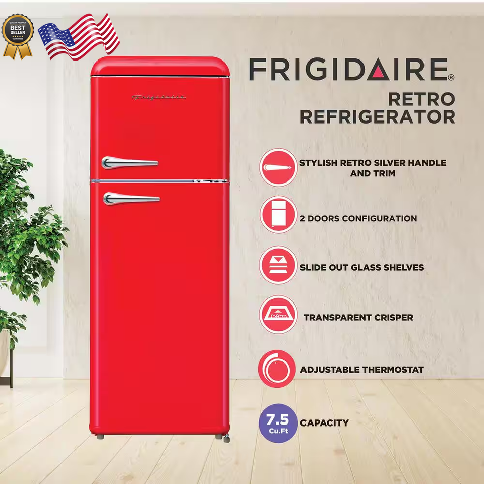 7.5 Cu. Ft. Retro Mini Fridge in Red with Rounded Corners and Top ...