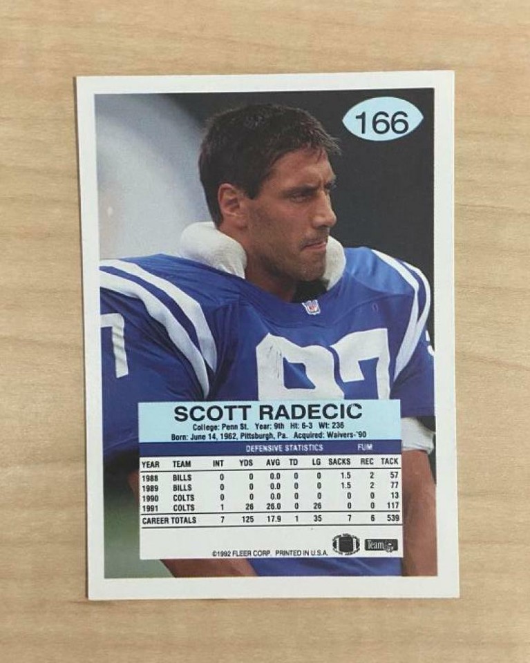 SCOTT RADECIC INDIANAPOLIS COLTS SIGNED AUTOGRAPHED 1992 FLEER CARD ...