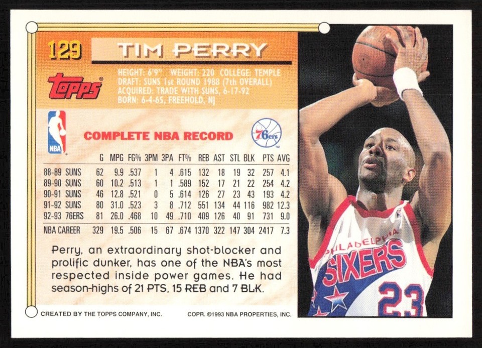 1993-94 Topps Gold Tim Perry #129 Philadelphia 76ers | eBay