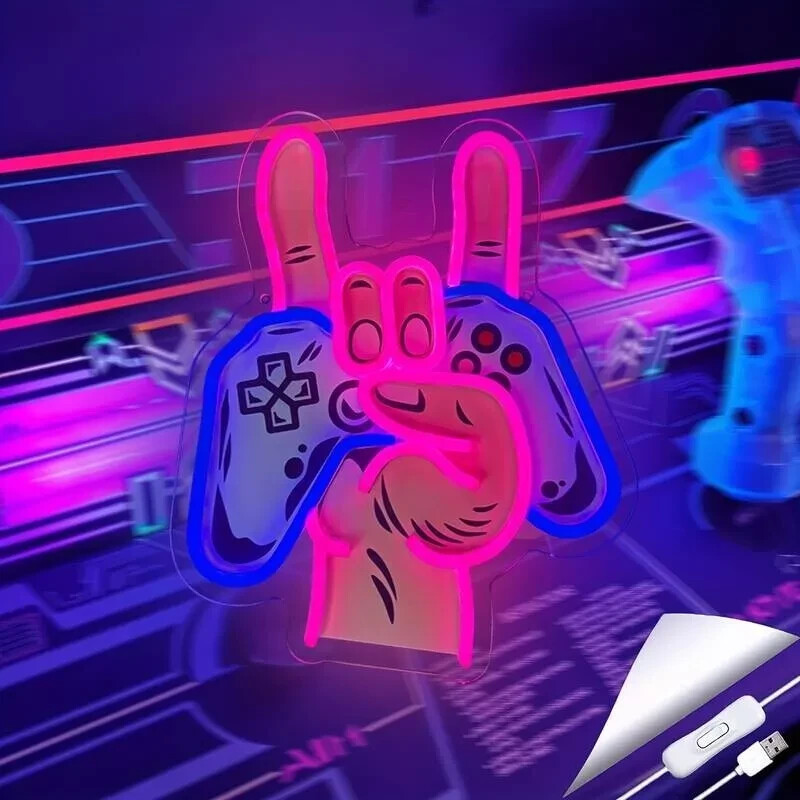 Rock & Roll Hand Sign Game Neon Sign, Gamepad Rock Hand Neon Sign For ...