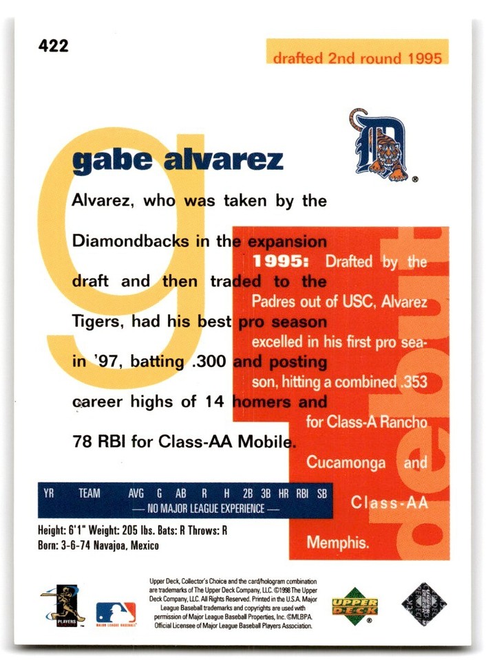 1998 Upper Deck Collector's Choice Gabe Alvarez RC Detroit Tigers #422 ...