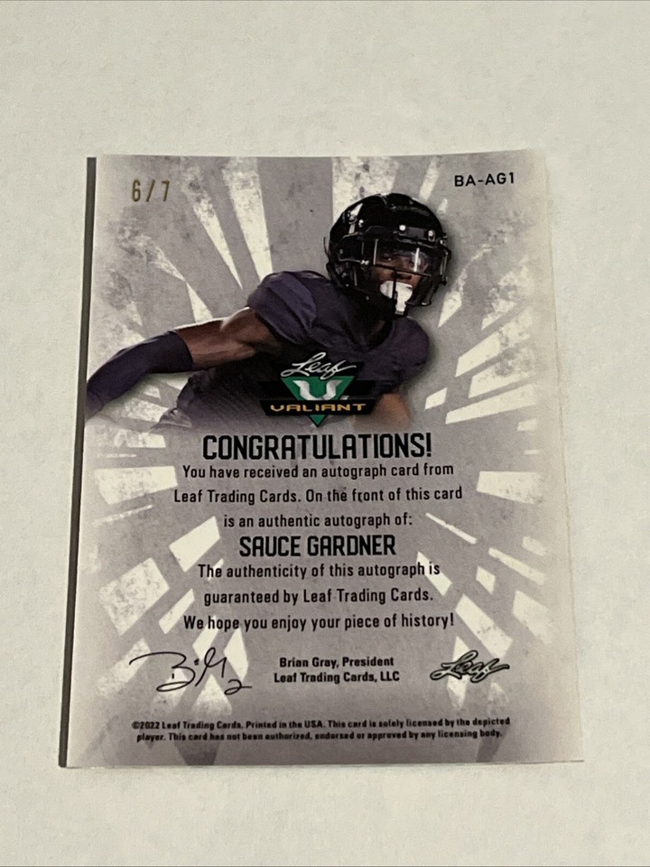 2022 Leaf Valiant Sauce Gardner Autograph Rookie Card RC Auto NY Jets ...