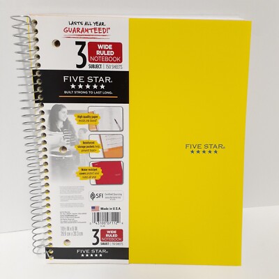 YELLOW | Five Star 3-Subject Spiral Bound Notebook | 150 Sheets| WIDE ...
