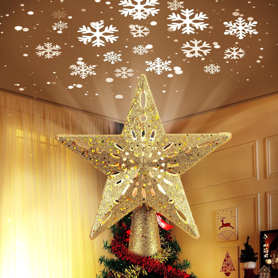 Christmas Star Tree Topper with Built-In Led Snowflake Projector Lights ...
