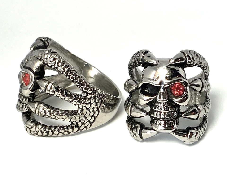 Clawed Skull Finger Ring One Red CZ Eye Stainless Steel Biker Cast ...