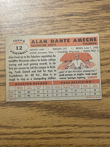 1956 TOPPS FOOTBALL VINTAGE #12 ALAN AMECHE COLTS SWEET CARD ...