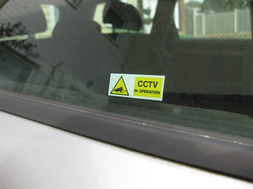 4 SMALL CCTV IN OPERATION STICKERS 50mmx 20mm internal glass versions ...