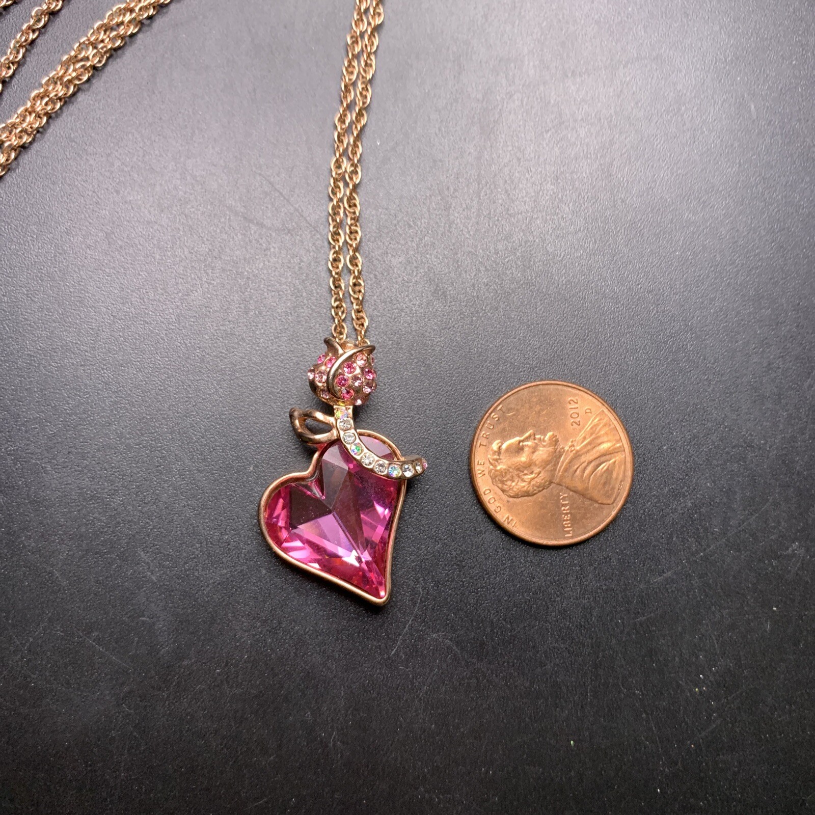 Dainty Pink Rhinestone Heart Flower Pendant Necklace Rose Gold Tone AB ...